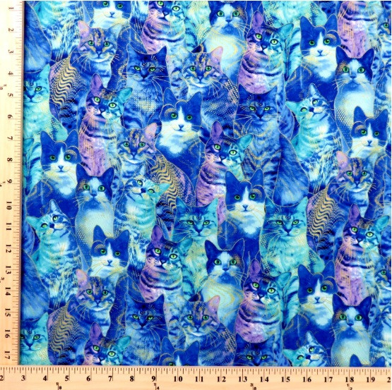 Bijoux Cat Royal Cats Packed Blue Metallic CM2241-BLUE Cotton Quilting ...