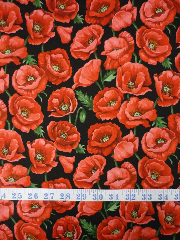 Red Poppies Large Field ANZAC Black Background Cotton Quilting Fabric 1 ...