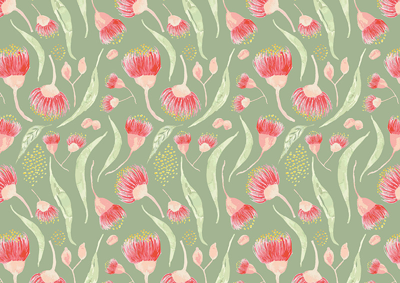 Australian Gum Tree Leaf and Blossom Green Background Cotton Quilting ...