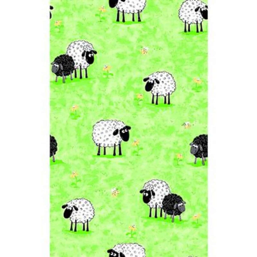 Susybee – Lewe The Ewe Scattered Sheep Lime Cotton Fabric 25cms – havAsquiz