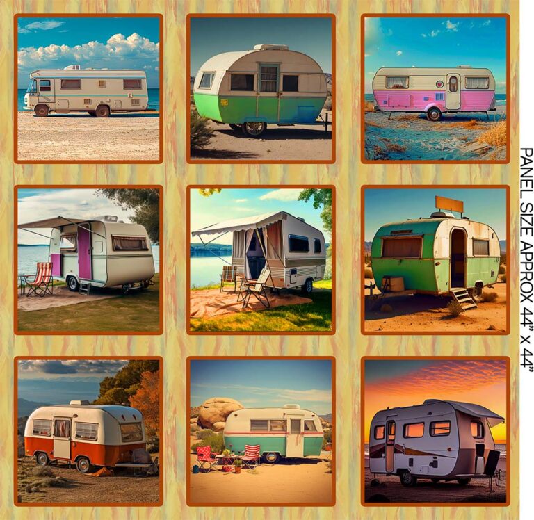 Retro Caravans Block Collage 4169C Cotton Quilting Fabric 44 Inch X Lge ...